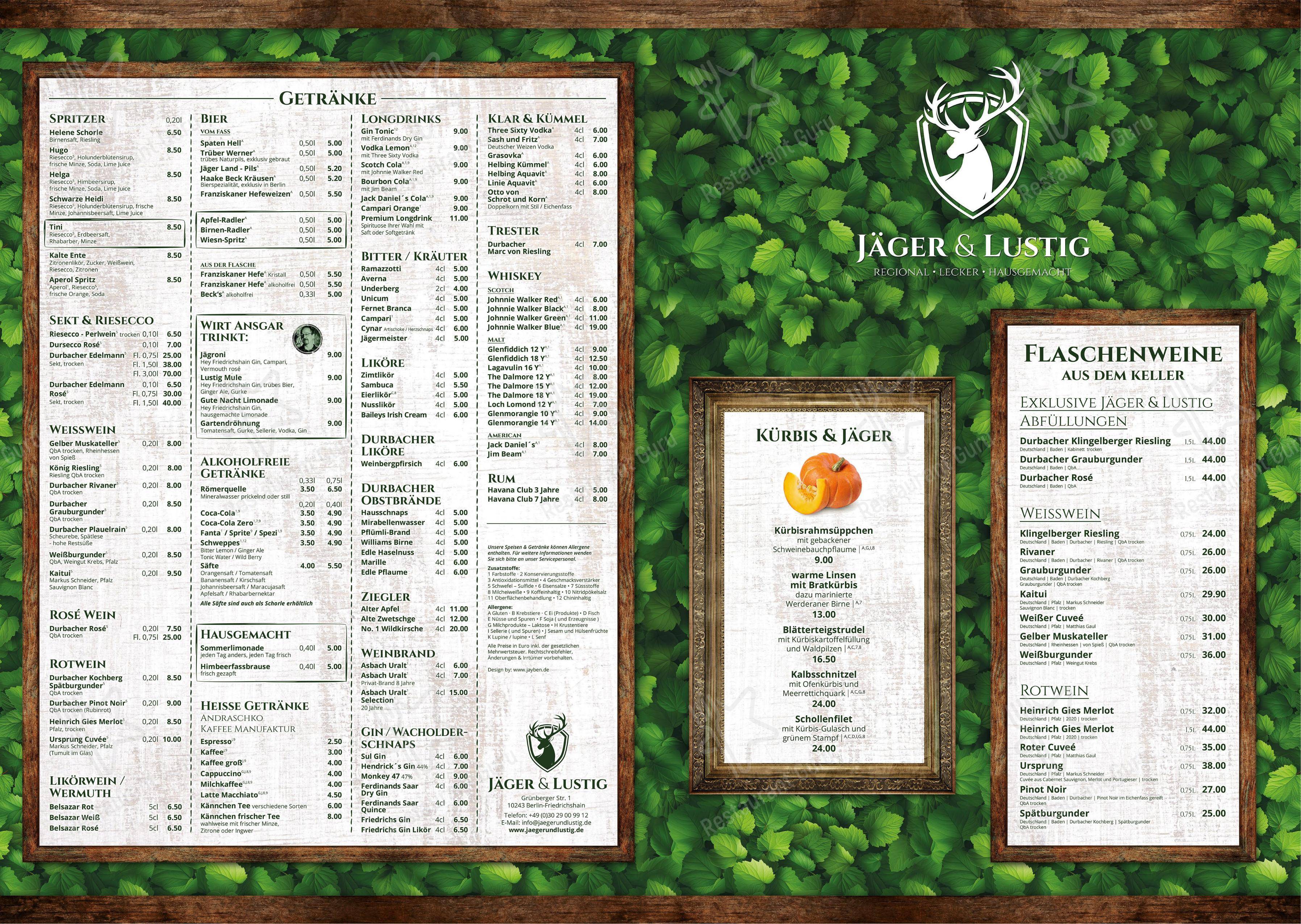 Menu at Jäger & Lustig restaurant, Berlin, Grünberger Str. 1