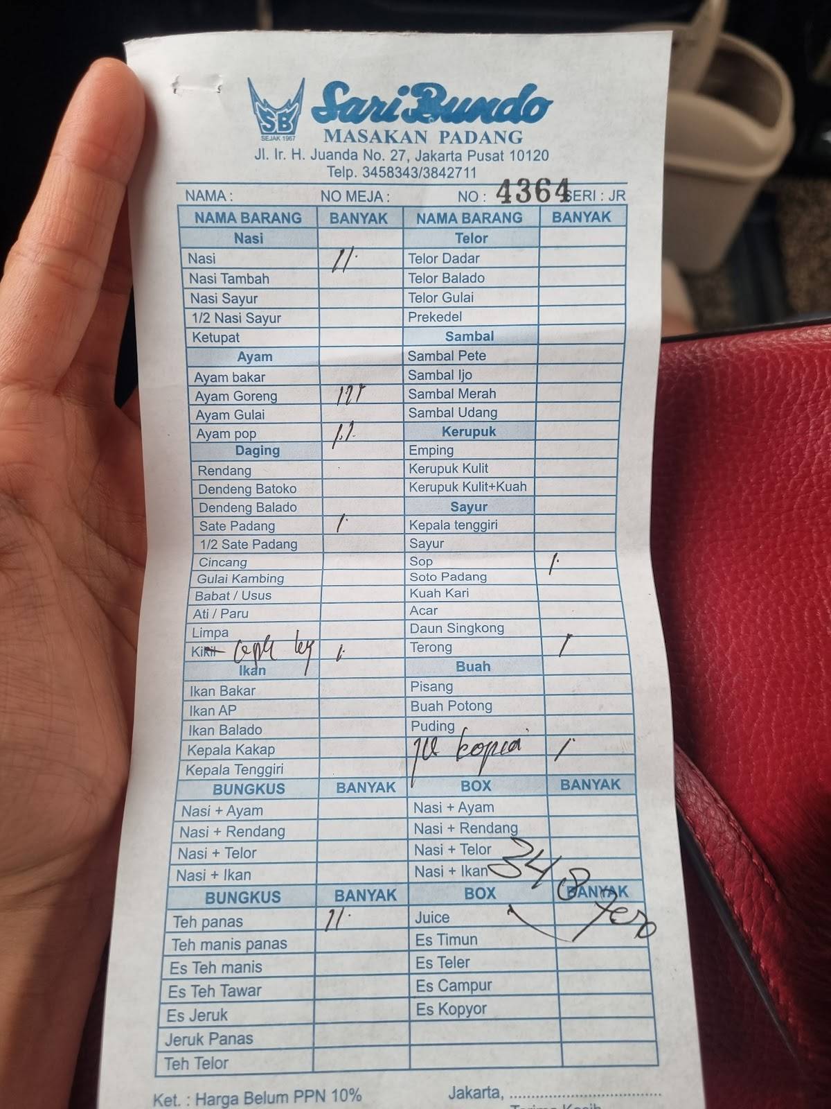 Menu at Sari Bundo restaurant, Jakarta, Jl. Ir. H. Juanda No.27 1