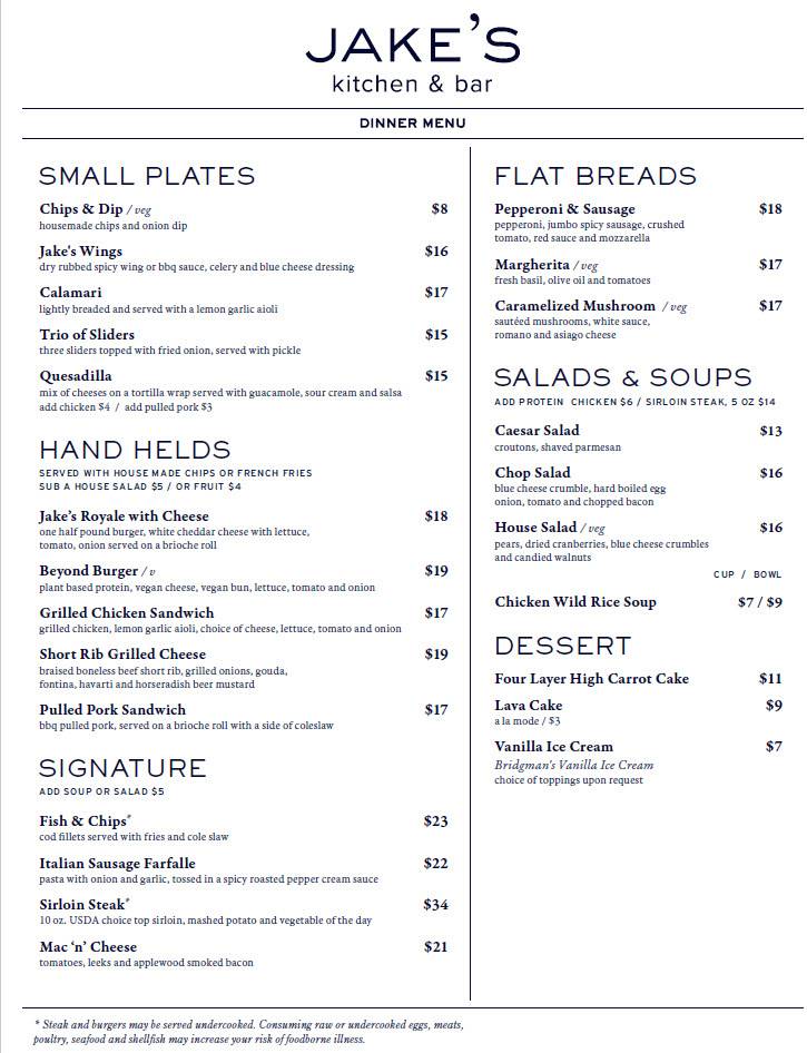 Menu at Jake’s Kitchen & Bar, Bloomington