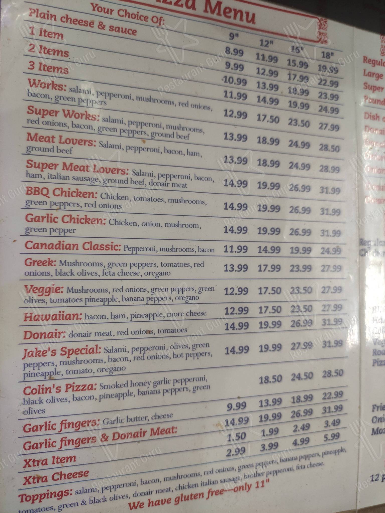Menu at Jake's Pizza & Restaurant, Brookfield