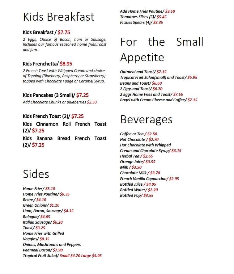 Menu at Jak's Diner restaurant, Sudbury