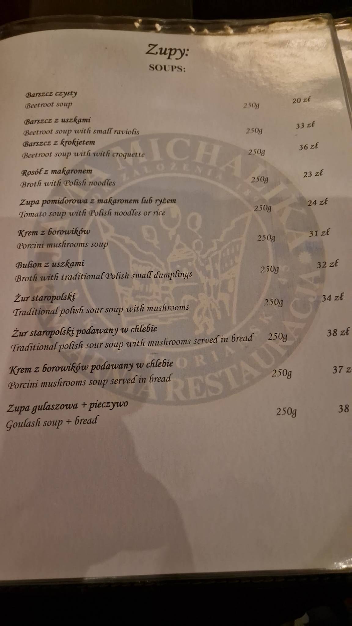 Menu at Jama Michalika Est. 1895 restaurant, Kraków