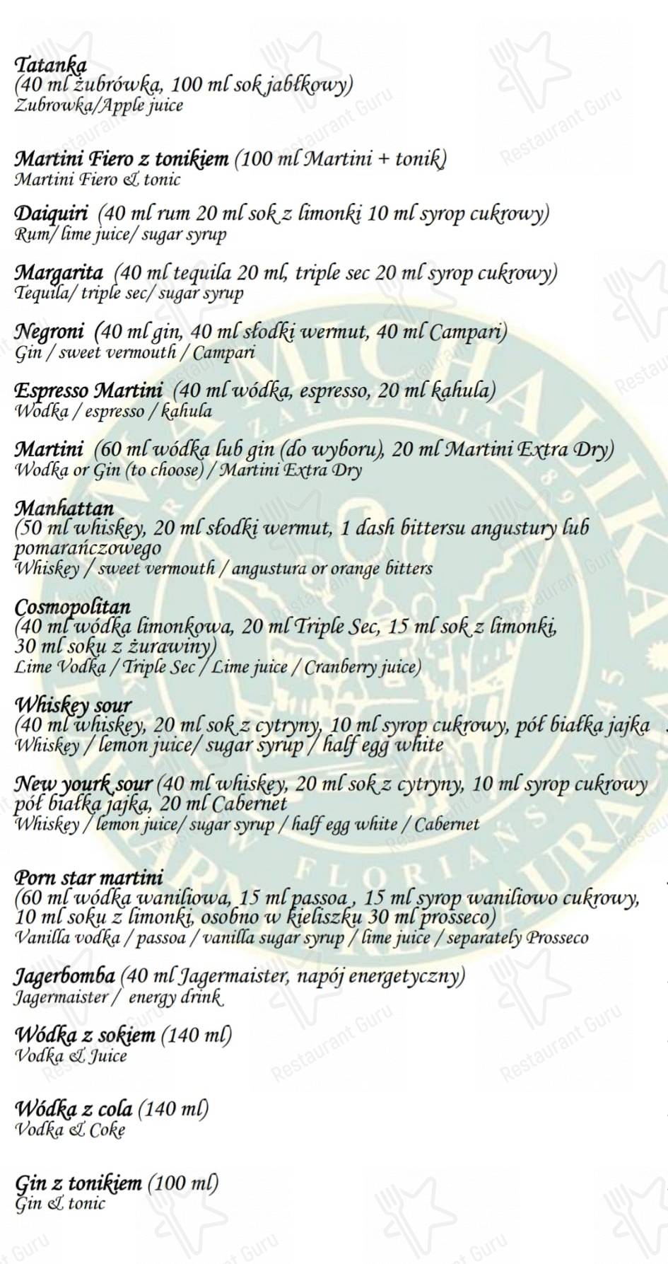 Menu at Jama Michalika Est. 1895 restaurant, Kraków