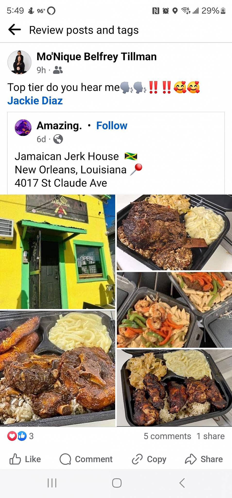 Menu at Jamaican Jerk House restaurant, New Orleans