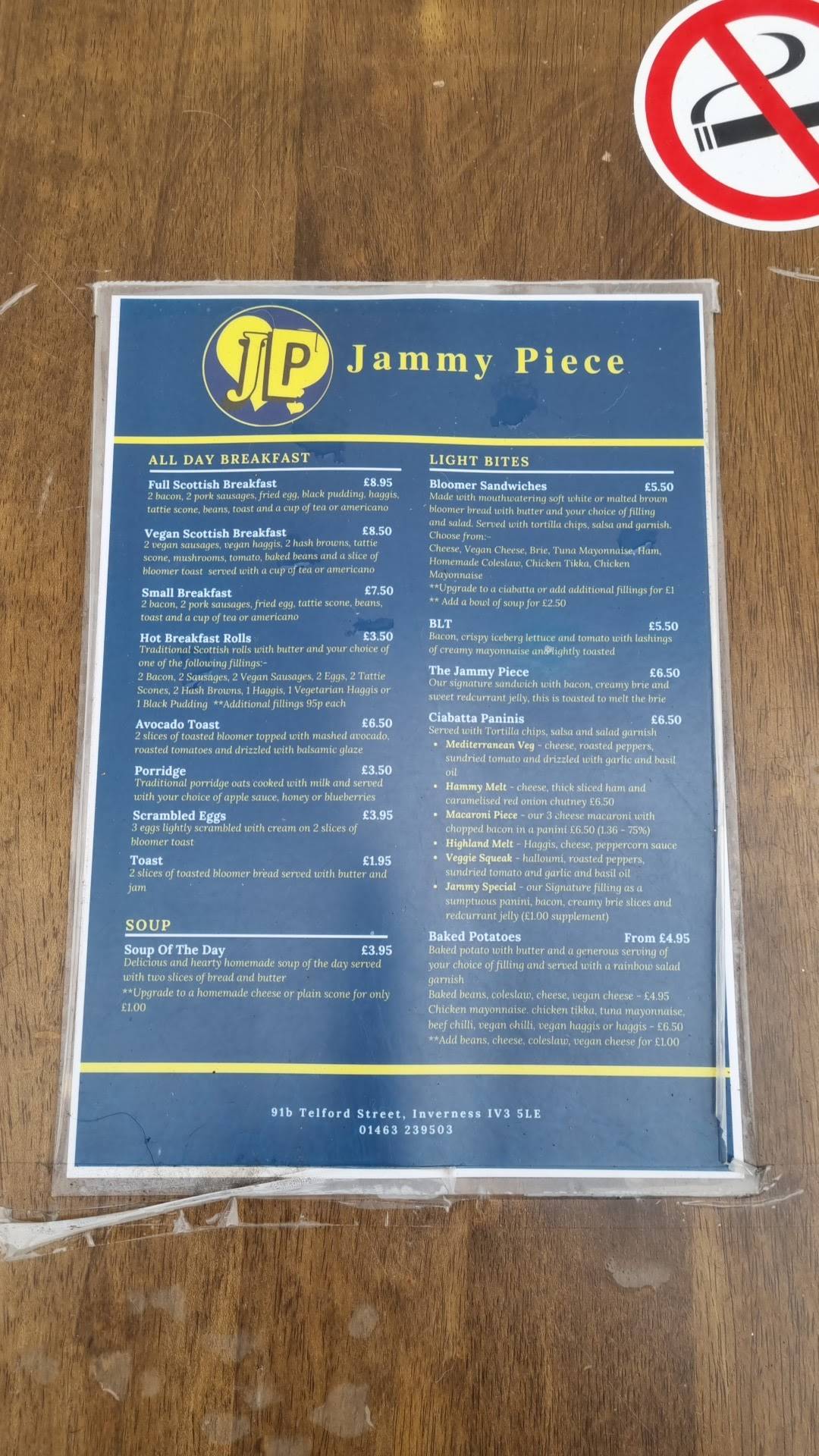 Menu at Jammy Piece cafe, Inverness