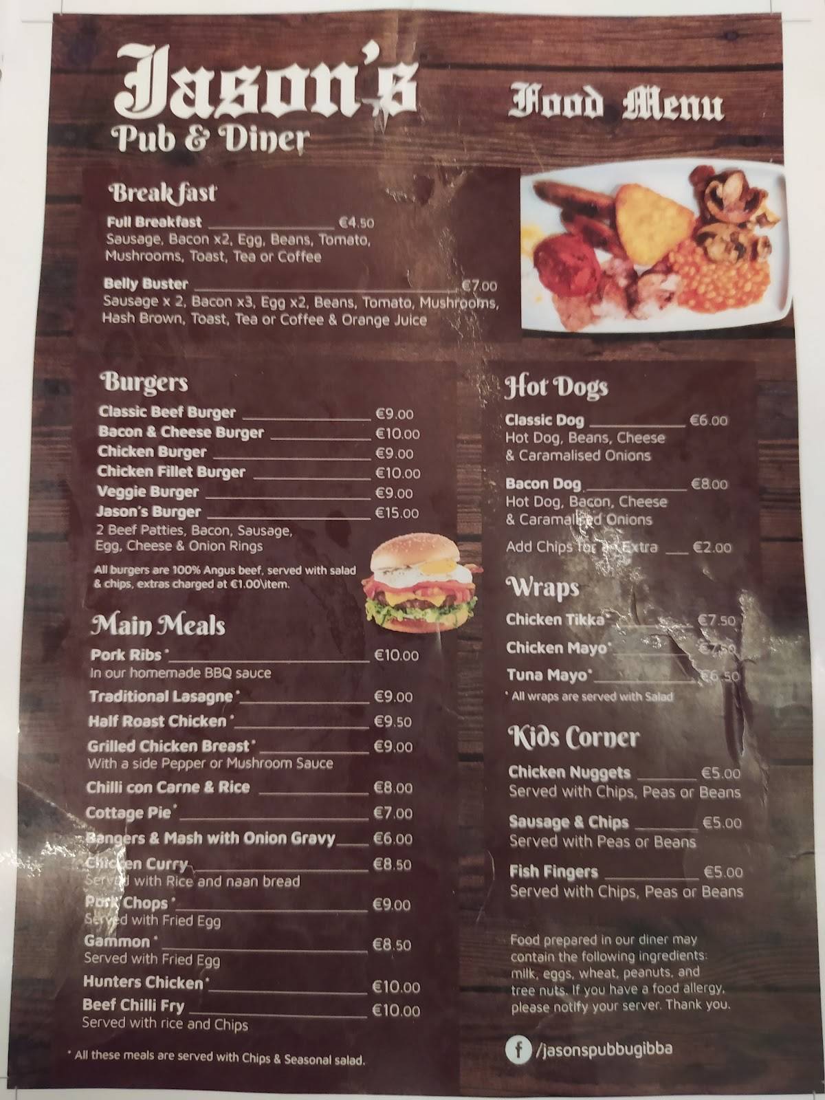 Menu at Jason's Pub, Saint Paul's Bay