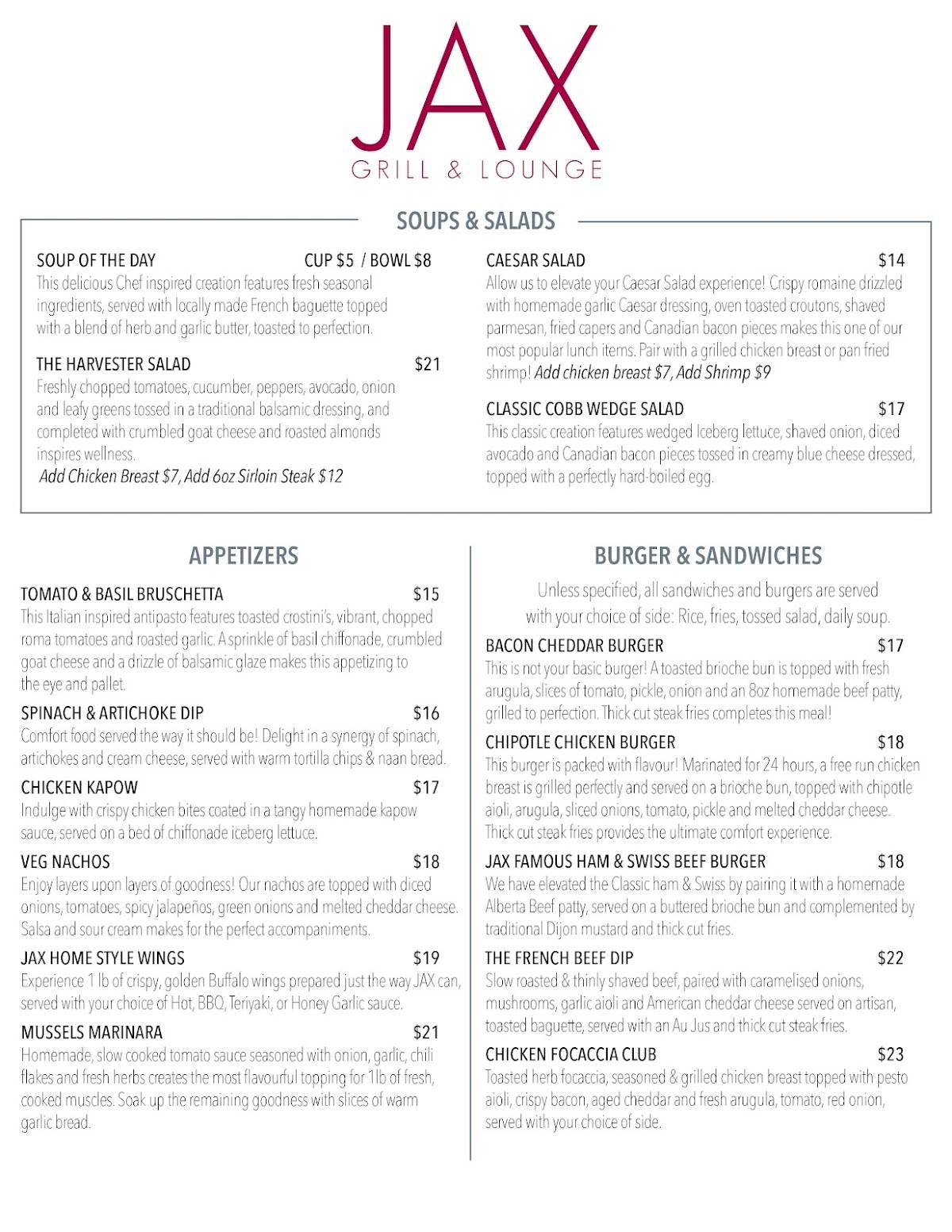 Menu at Jax Grill & Lounge pub & bar, Grande Prairie, 99 Ave