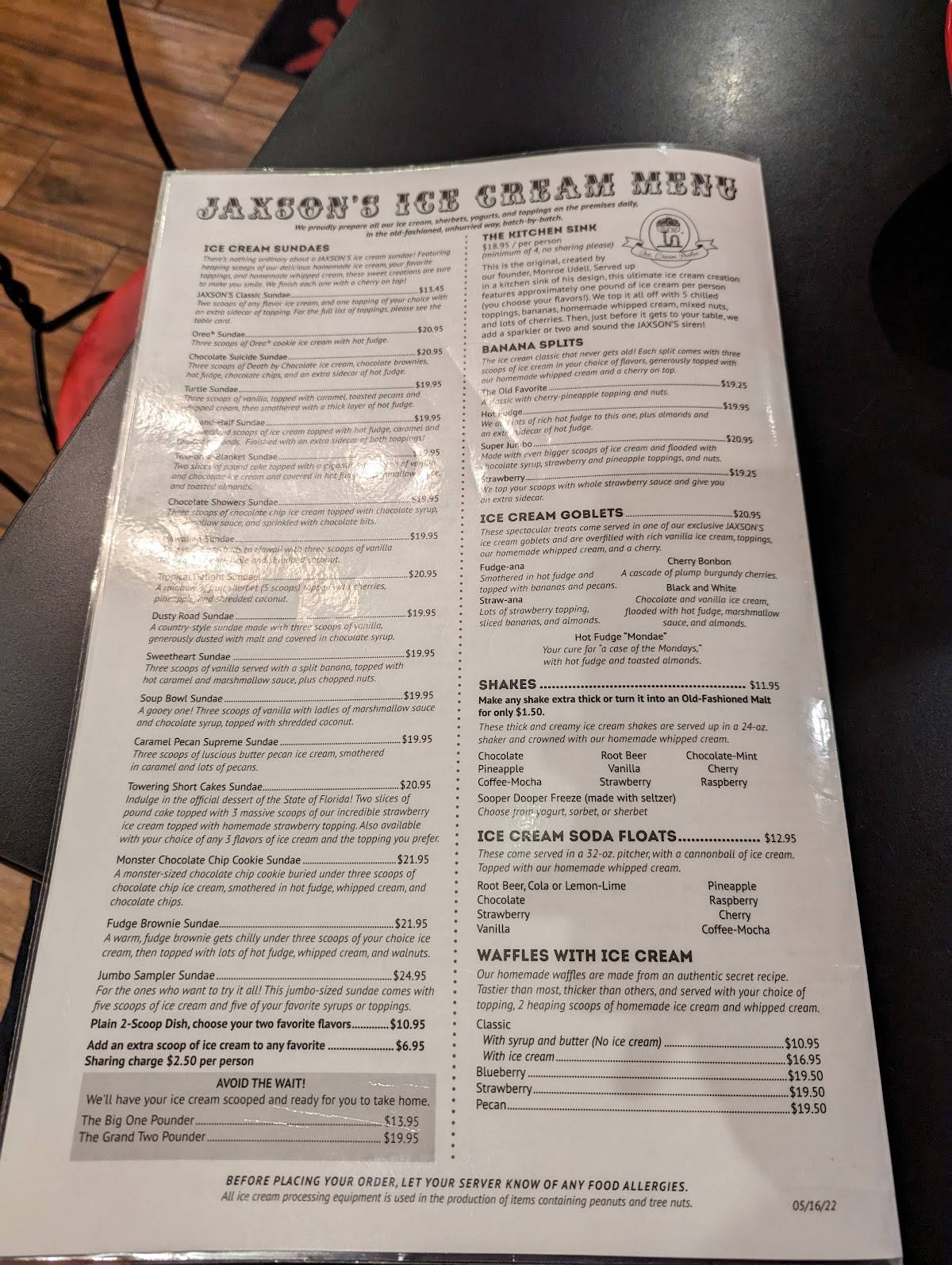 Menu at Jaxson's Ice Cream Parlor & Restaurant, Dania Beach