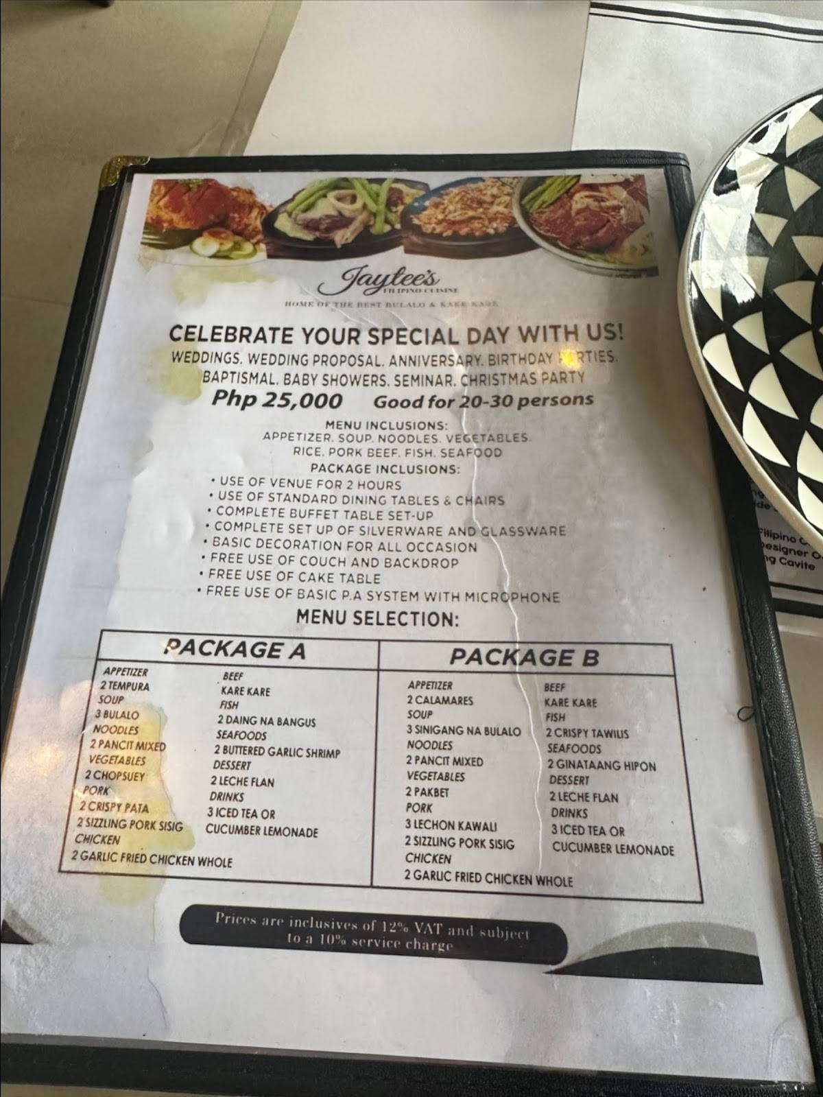 Menu at Jaytee's Filipino Cuisine restaurant, Tagaytay, 4X22+WV7