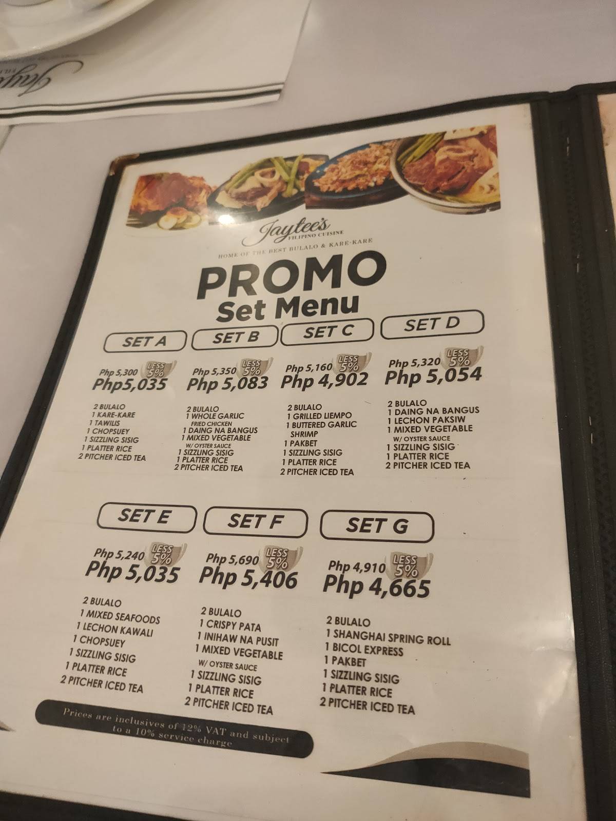 Menu at Jaytee's Filipino Cuisine restaurant, Tagaytay, 4X22+WV7