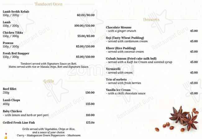 Menu at Jeera restaurant, Durban, Suncoast Towers