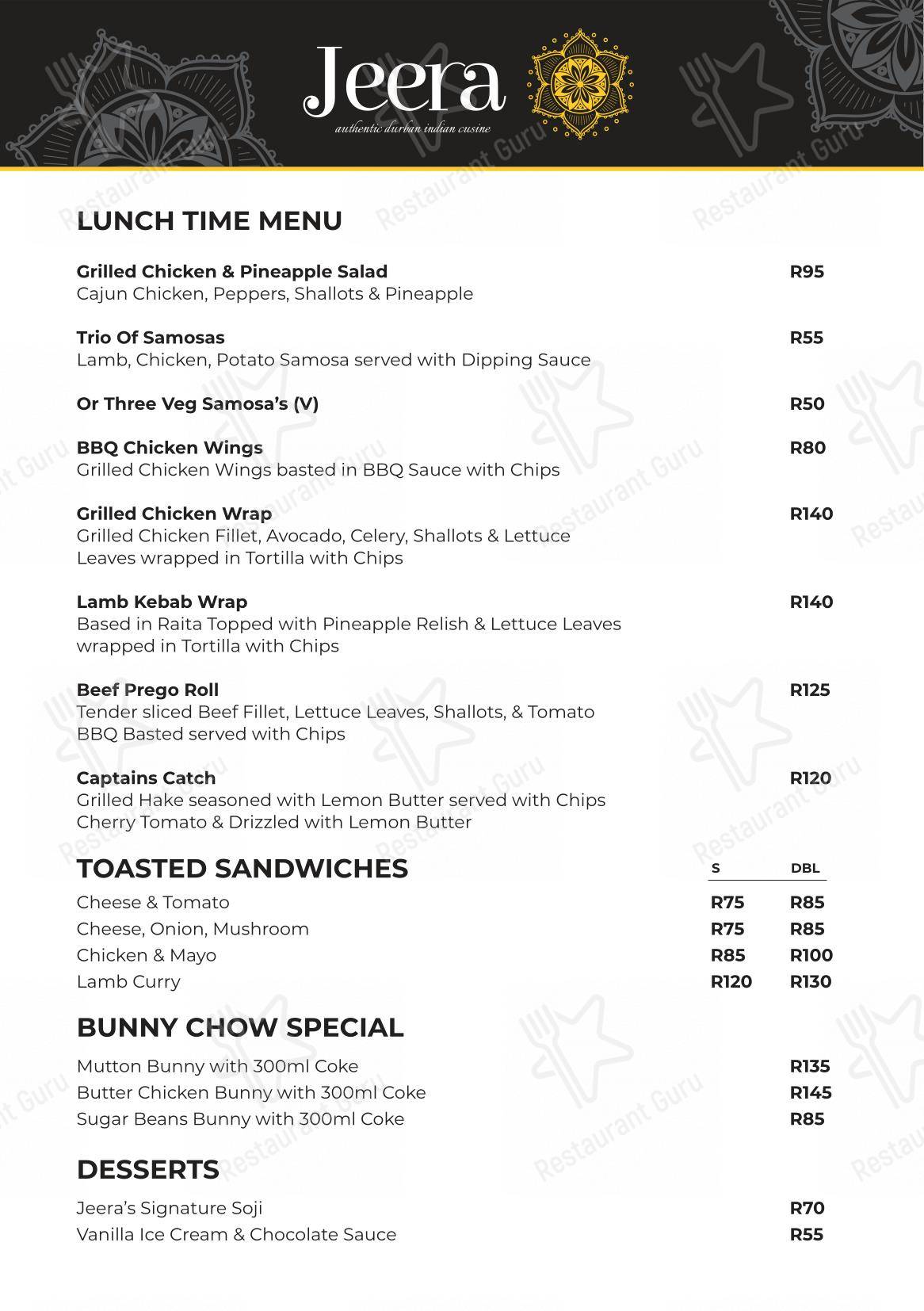 Menu at Jeera restaurant, Durban, Suncoast Towers