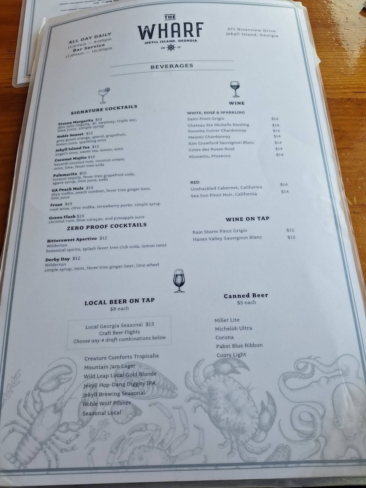 Menu at The Wharf restaurant, Jekyll Island