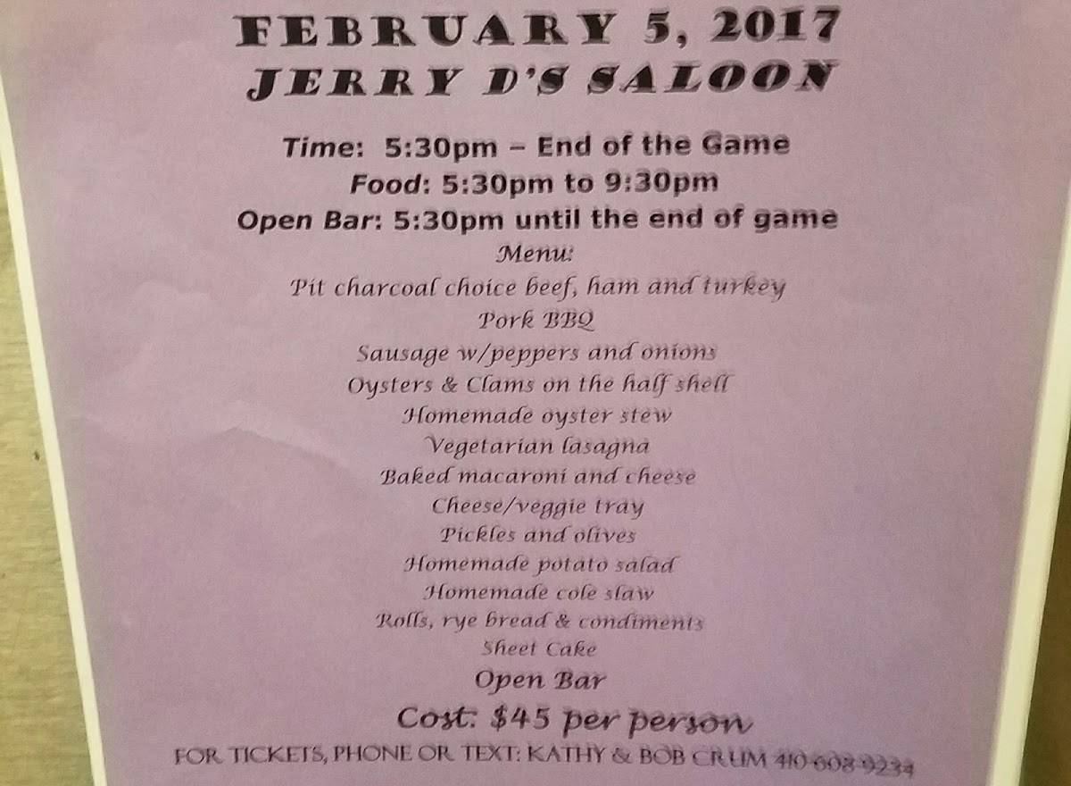 Menu at Jerry D's Saloon restaurant, Parkville