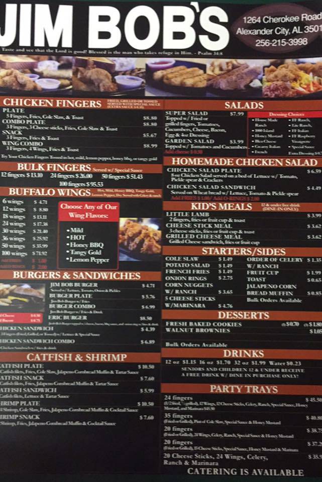 Menu at Jim Bob's Chicken Fingers restaurant, Alexander City