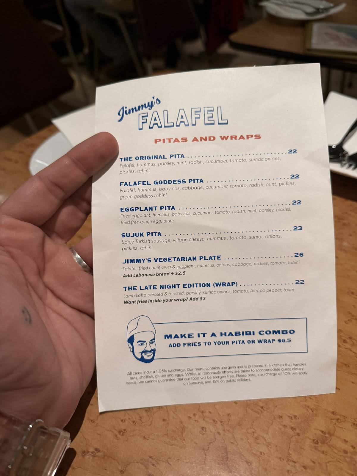 Menu at Jimmy’s Falafel restaurant, Sydney