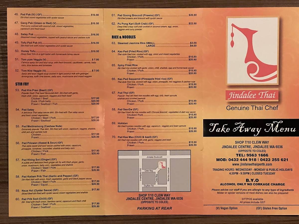 Menu at Jindalee Thai Perth restaurant, Jindalee