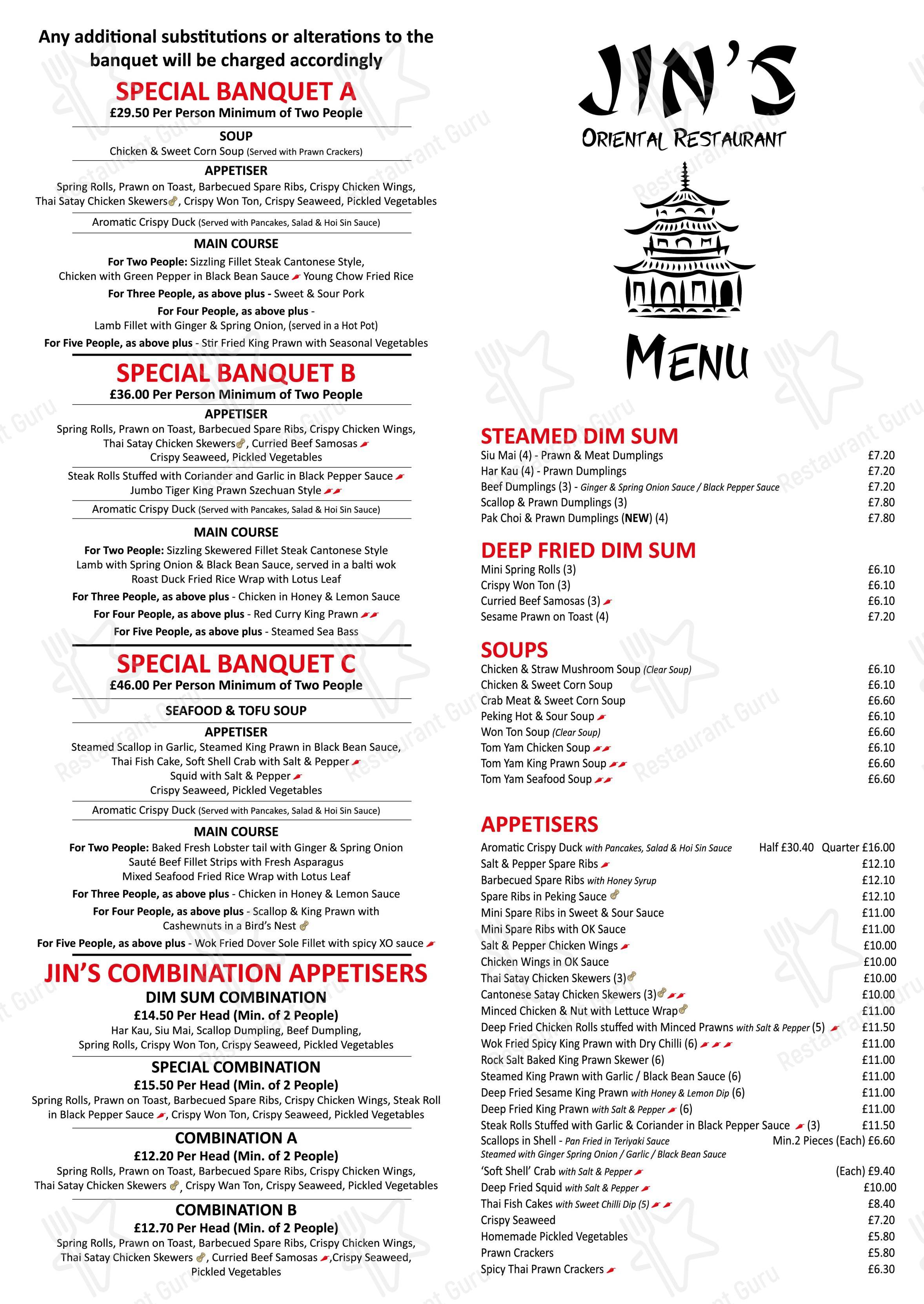Menu at Jin's Oriental Restaurant, Macclesfield