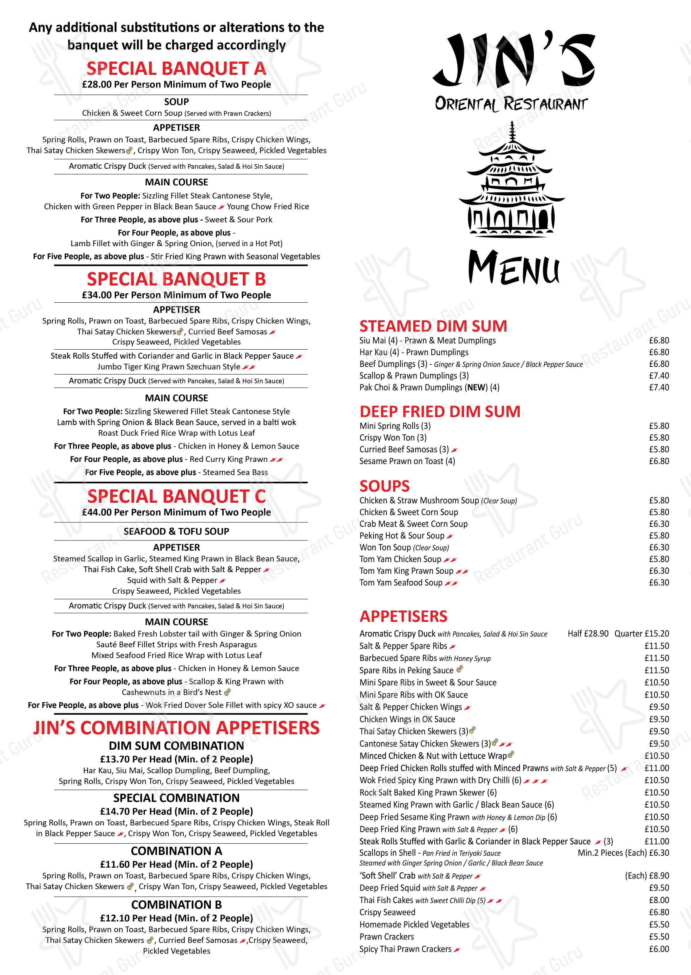 Menu at Jin's Oriental Restaurant, Macclesfield