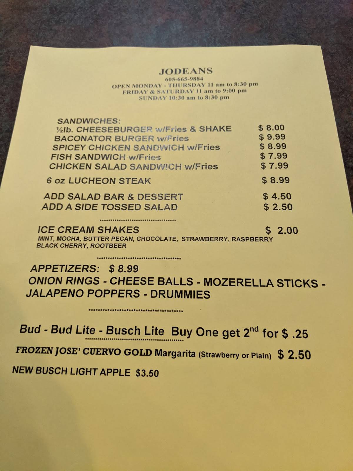 Menu at JoDean's Steakhouse & Lounge, Yankton, Broadway Ave