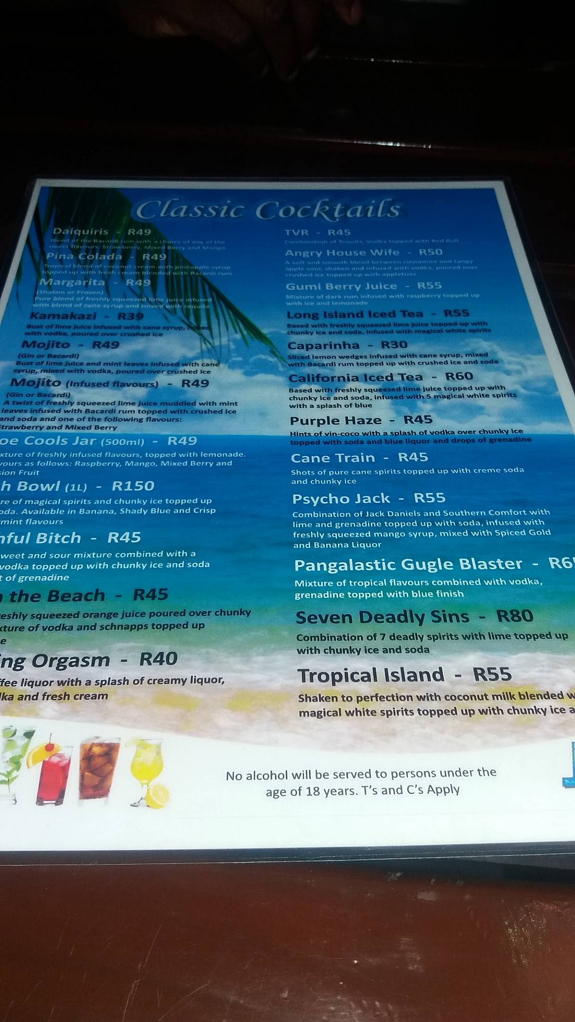 Menu at Joe Cools pub & bar, Durban