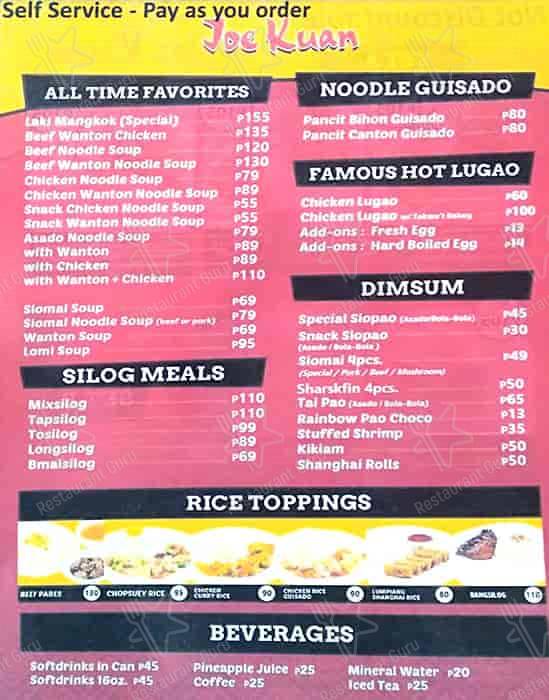 Menu at Joe Kuan restaurant, Manila, 530 Rizal Ave