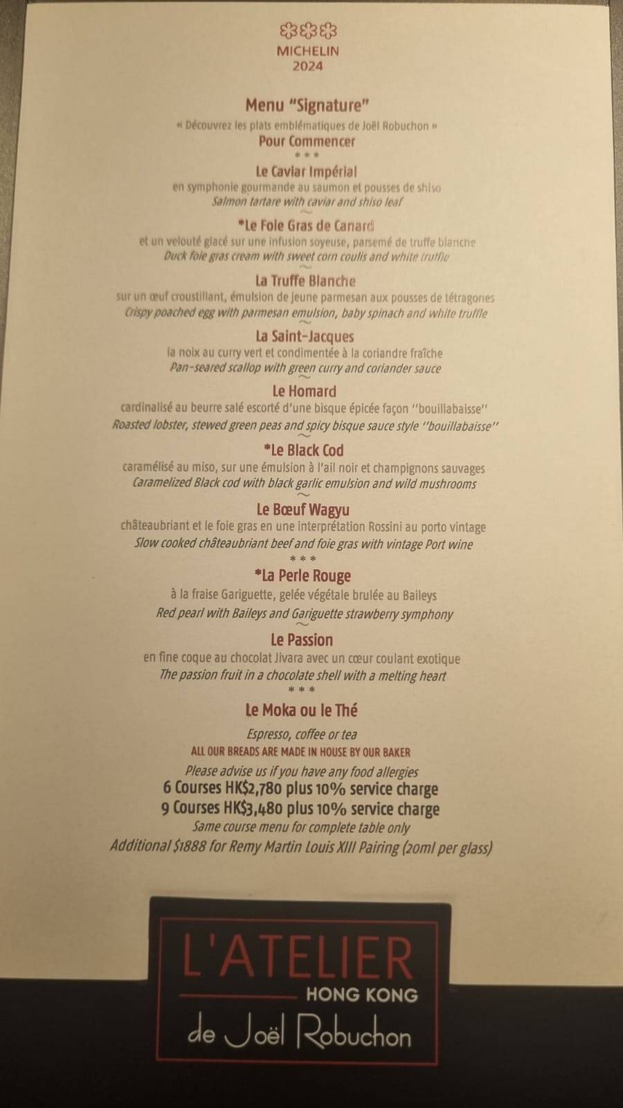 Menu at Joël Robuchon restaurant, Hong Kong, Shop 401