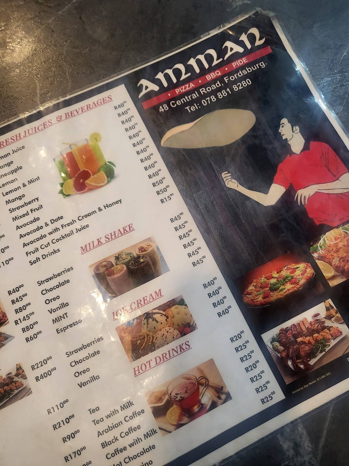 Menu at Amman Restaurant, Johannesburg