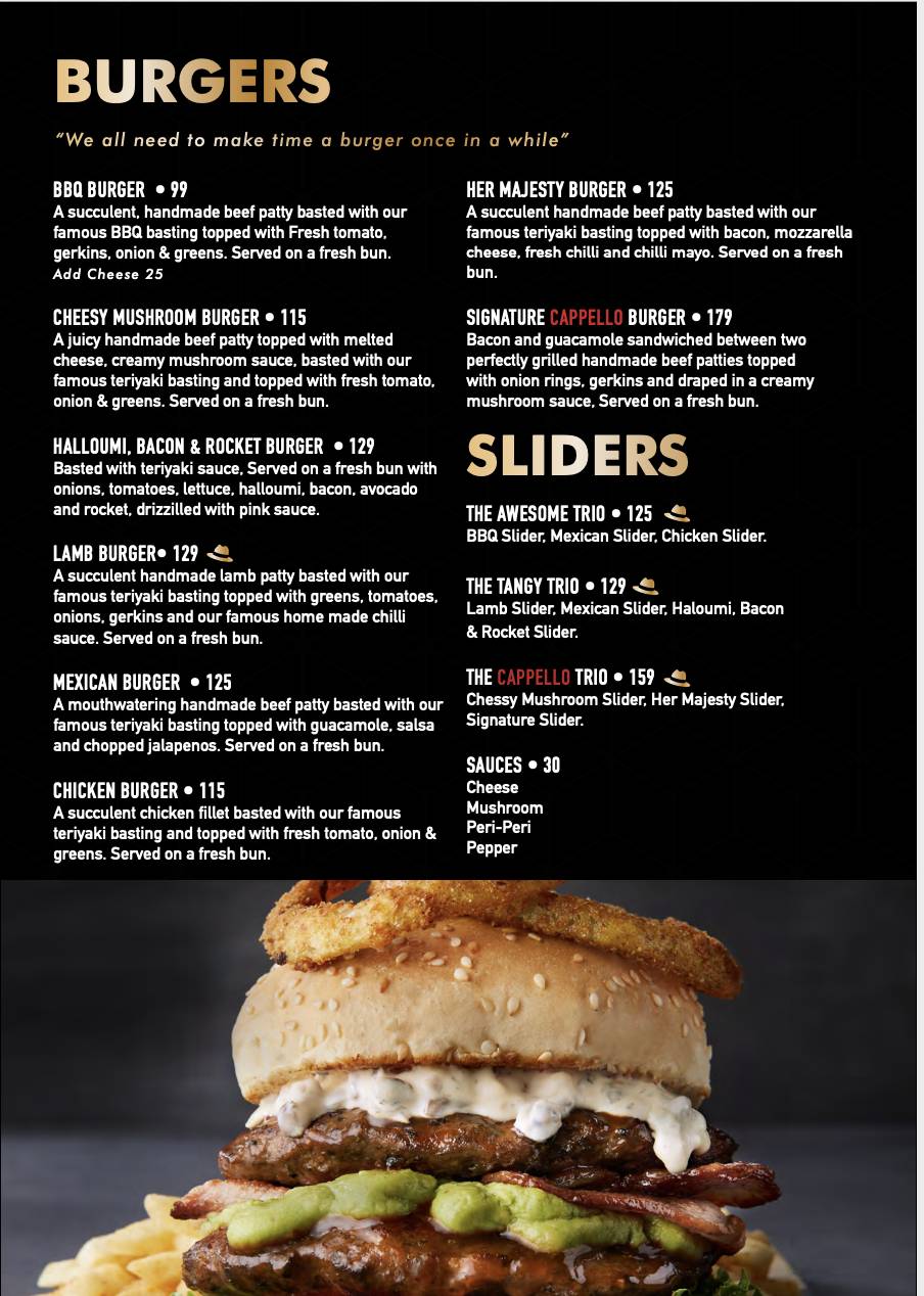 Menu at Cappello Newtown Junction restaurant, Johannesburg