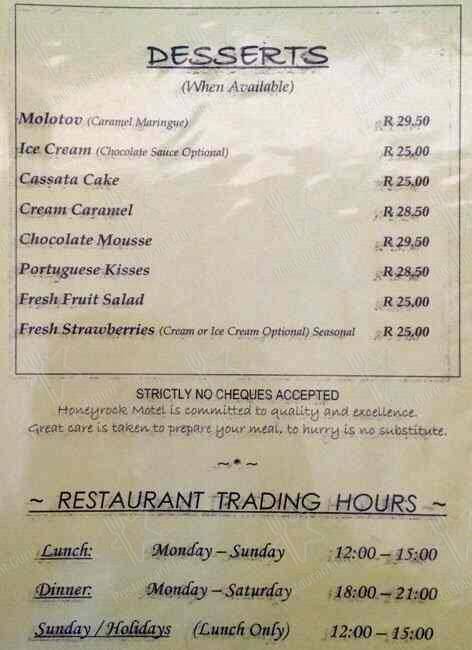 Menu at Honey Rock Motel restaurant, Roodepoort