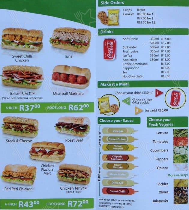 Menu at SUBWAY restaurant, Randburg, Shop No. U 37B
