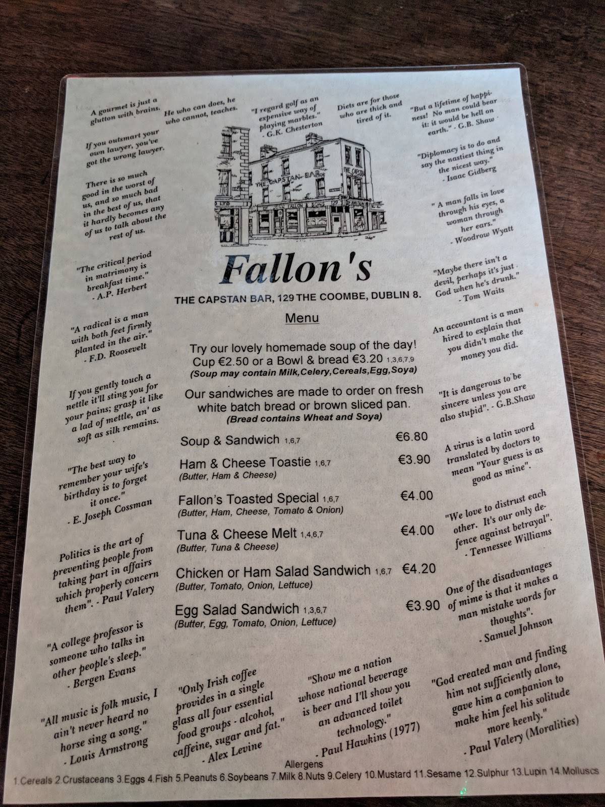 Menu at John Fallon's "The Capstan Bar", Dublin, 129 The Coombe