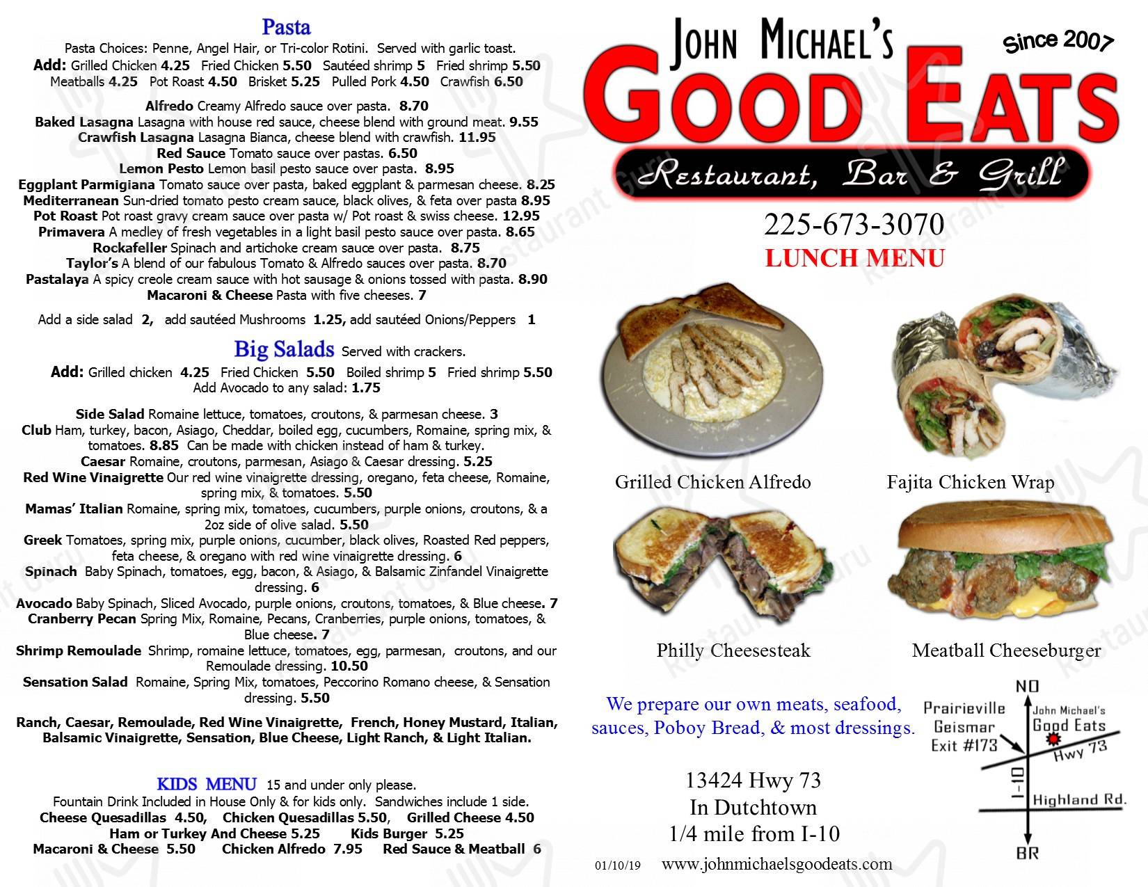 Menu at John Michael's Good Eats restaurant, Geismar