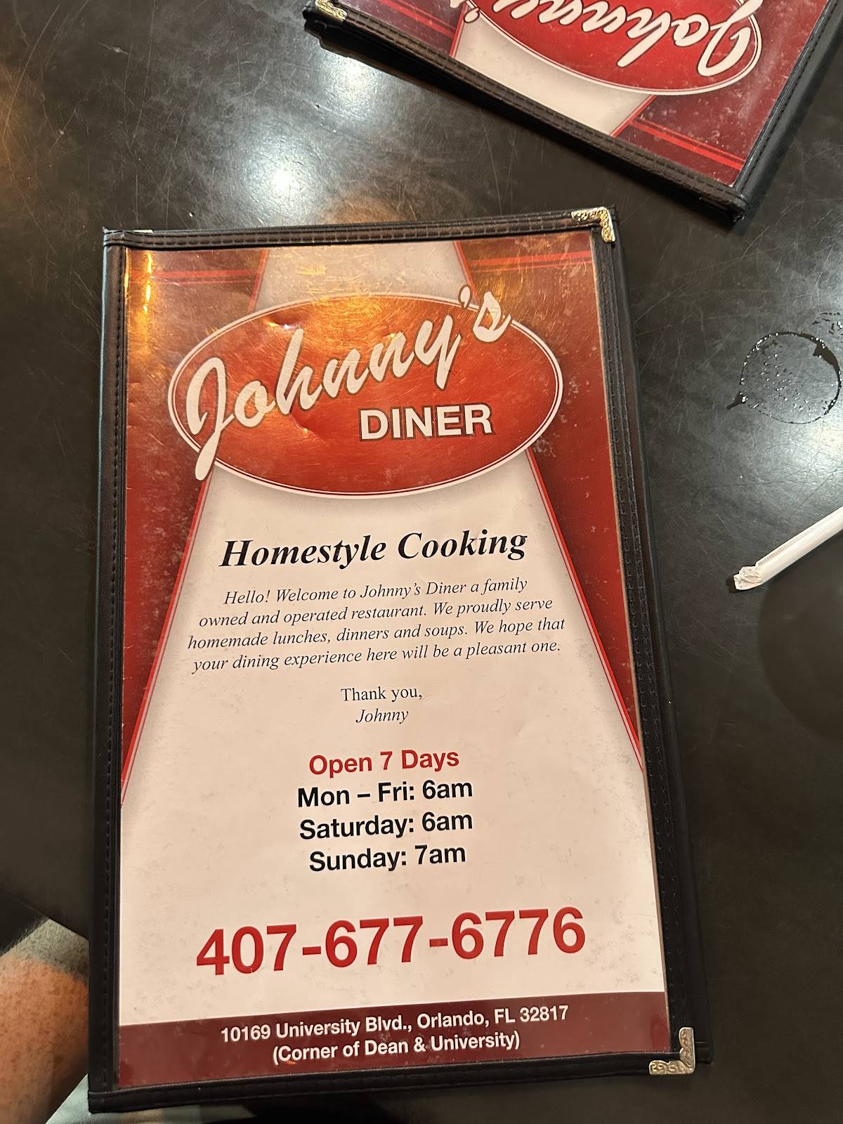 Menu at Johnny's Diner restaurant, Orlando, University Blvd