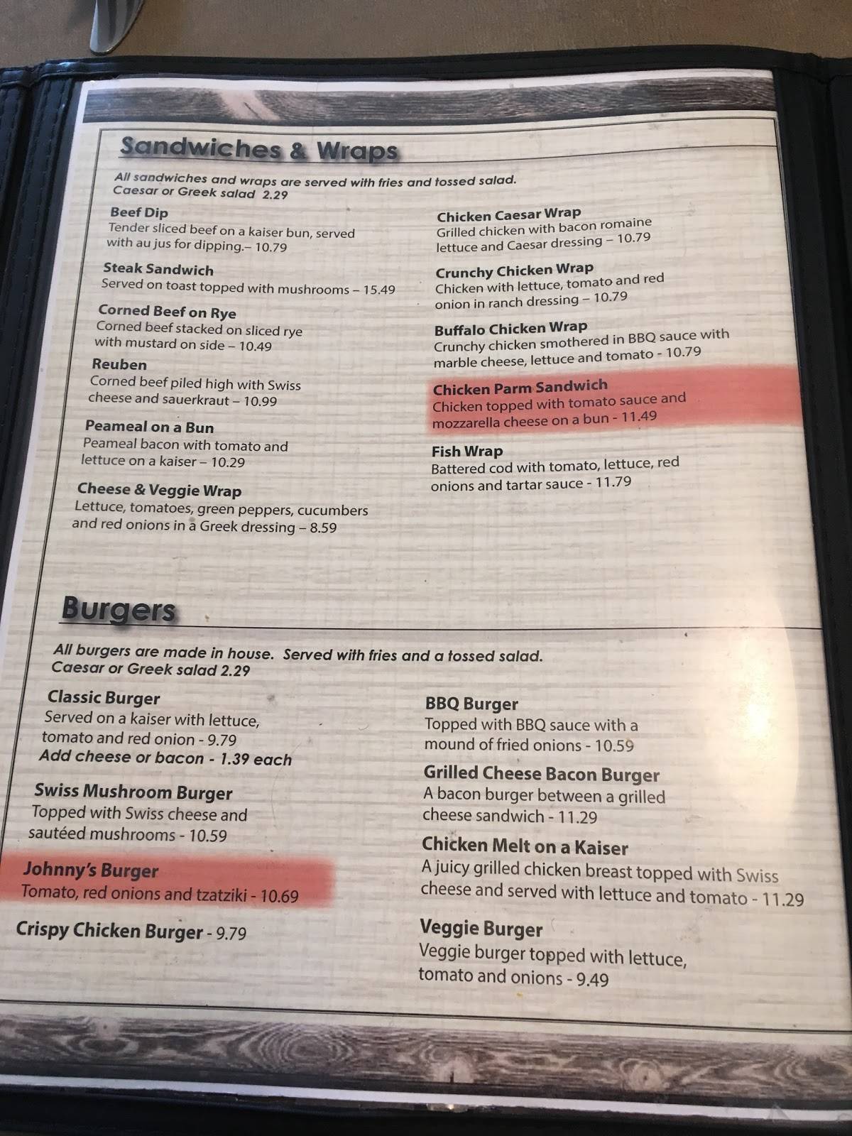 Menu at Johnny's restaurant, London