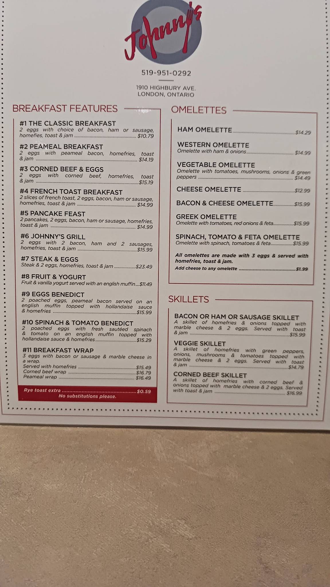 Menu at Johnny's restaurant, London