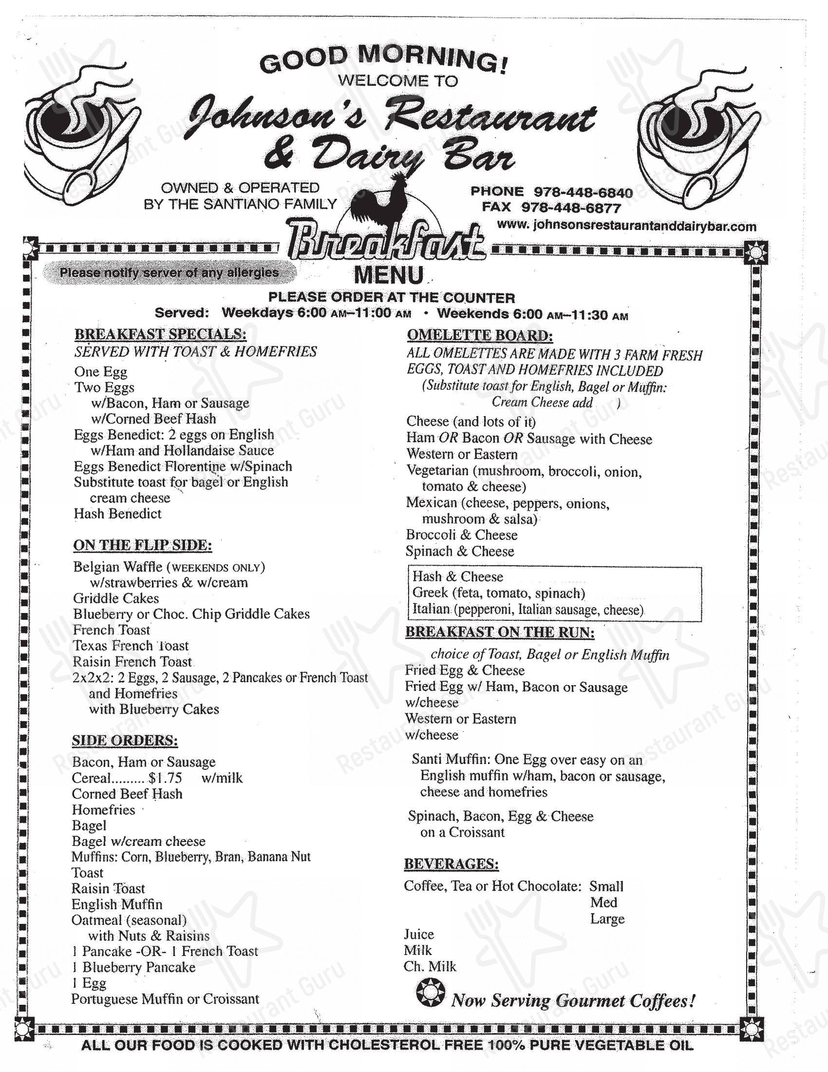 Menu at Johnson's Restaurant and Dairy Bar, Groton