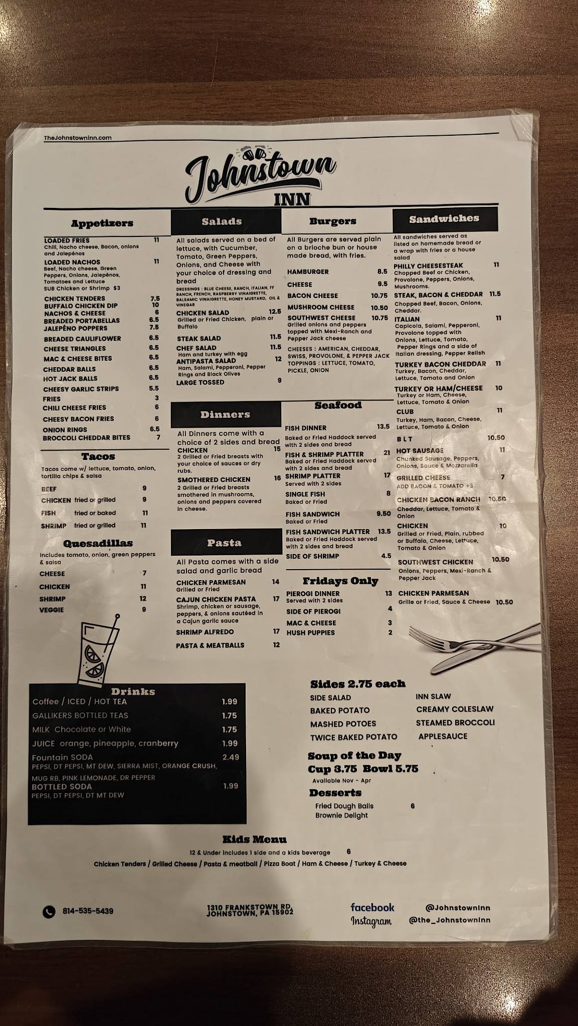 Menu at The Johnstown Inn pub & bar, Johnstown