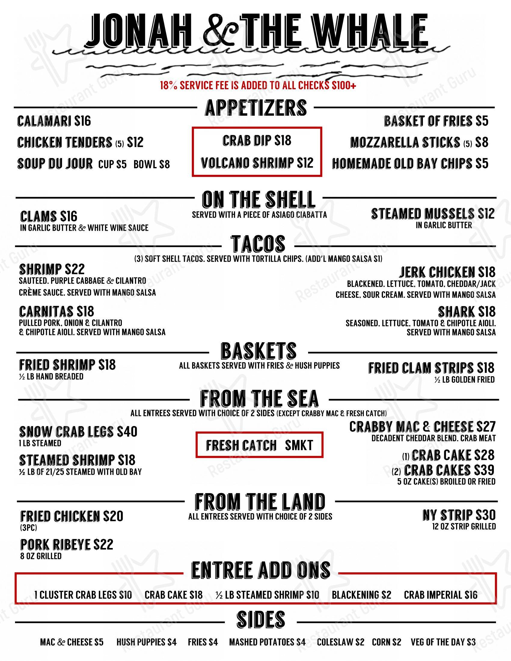 Menu at Jonah And The Whale restaurant, Ocean City, 26th Street