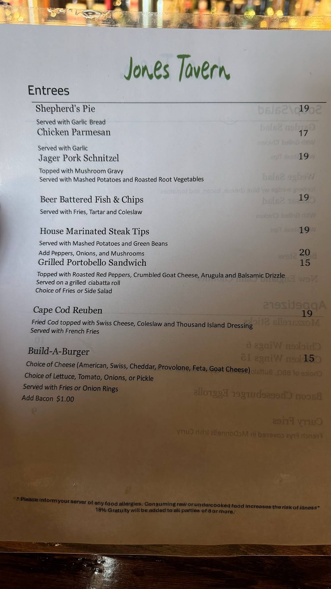 Menu at Jones Tavern restaurant, Falmouth
