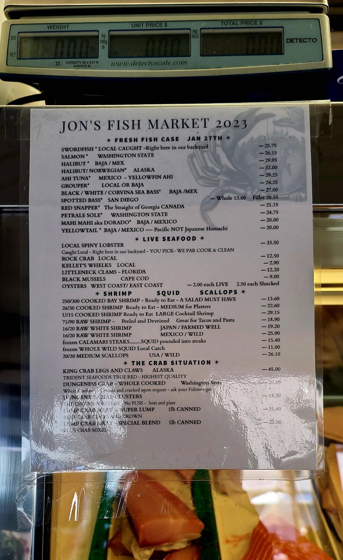Menu at Jon's Fish Market restaurant, Dana Point