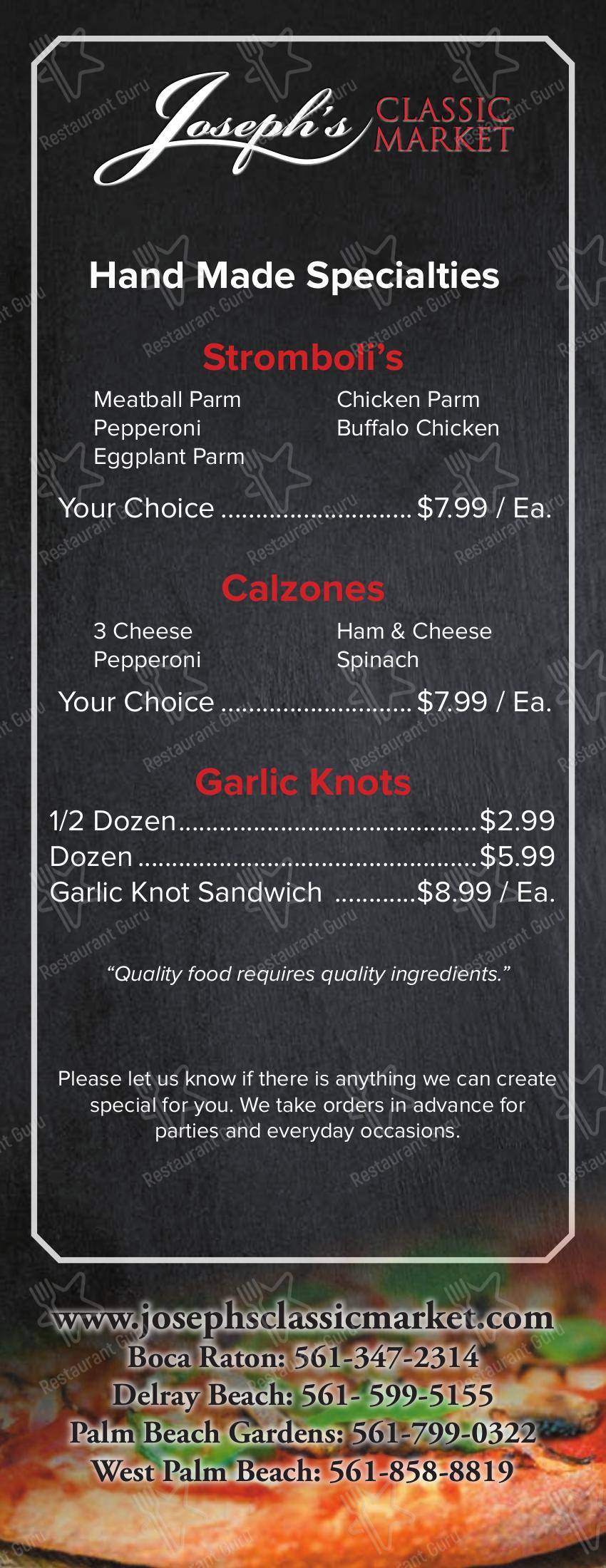 Menu at Joseph's Classic Market restaurant, Palm Beach Gardens