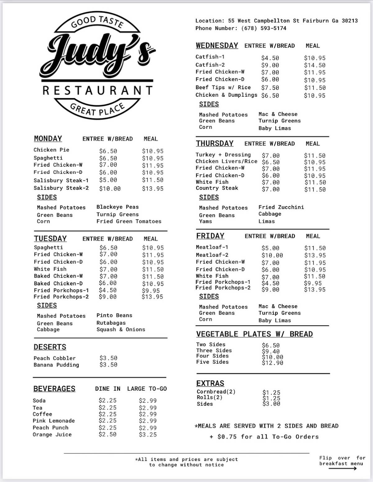 Menu at Judy's Restaurant, Fairburn, 55 W Campbellton St