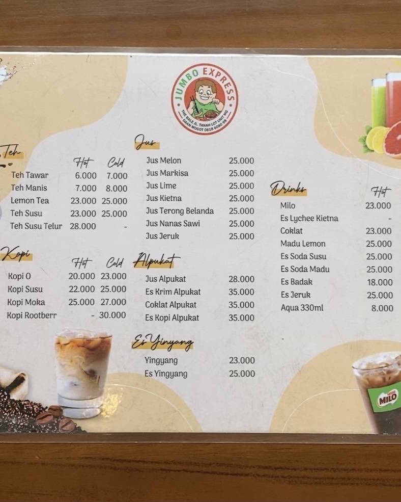 Menu at Jumbo express a.k.a JE KOPI cafe, West Jakarta