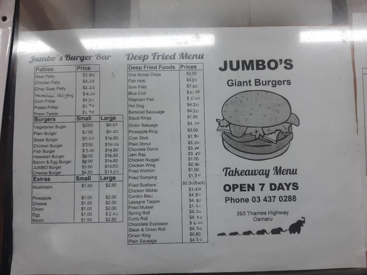 Menu at Jumbo's Burger Bar, Oamaru