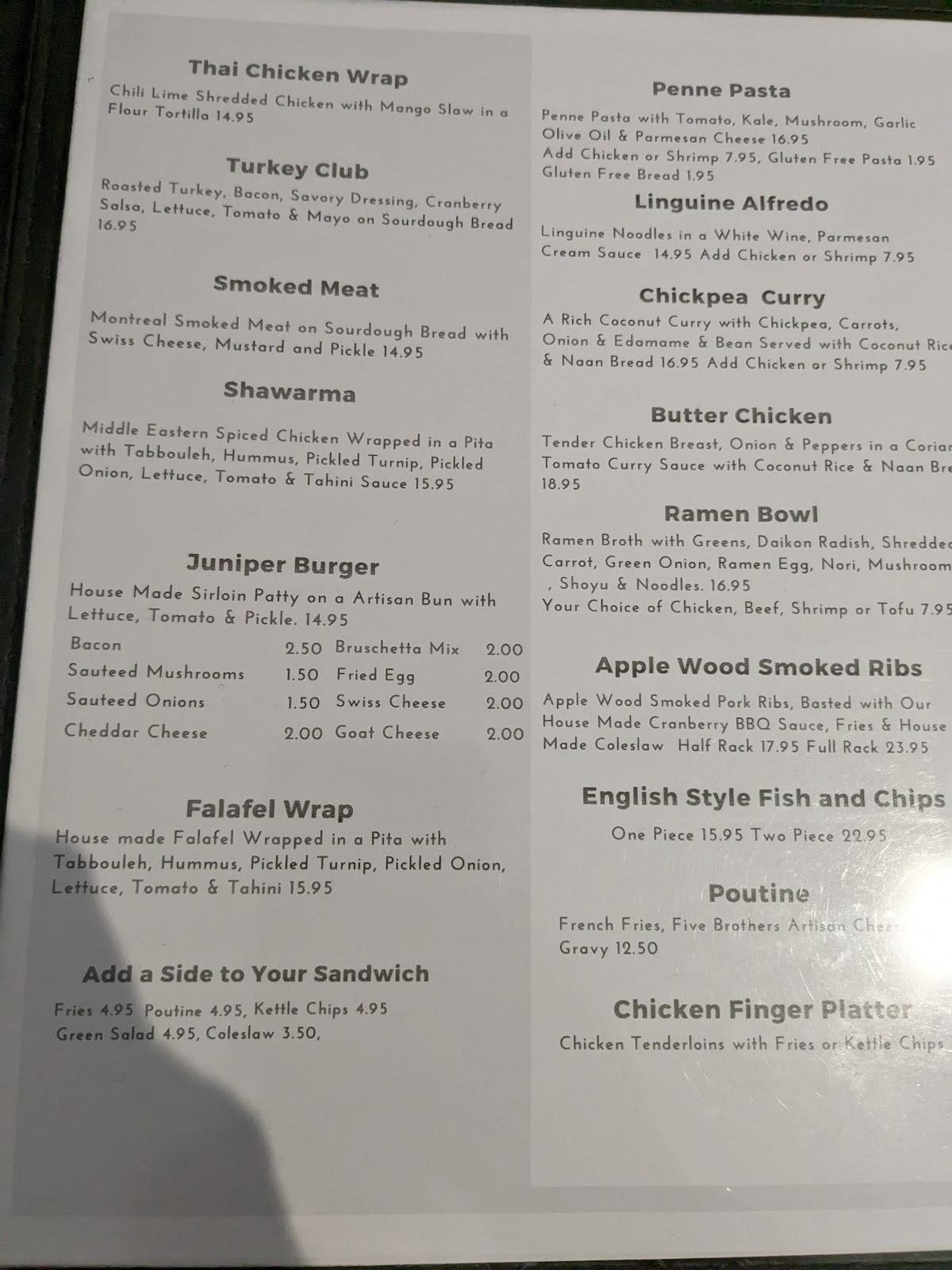 Menu at Juniper Kitchen & Bistro restaurant, Grand Falls-Windsor