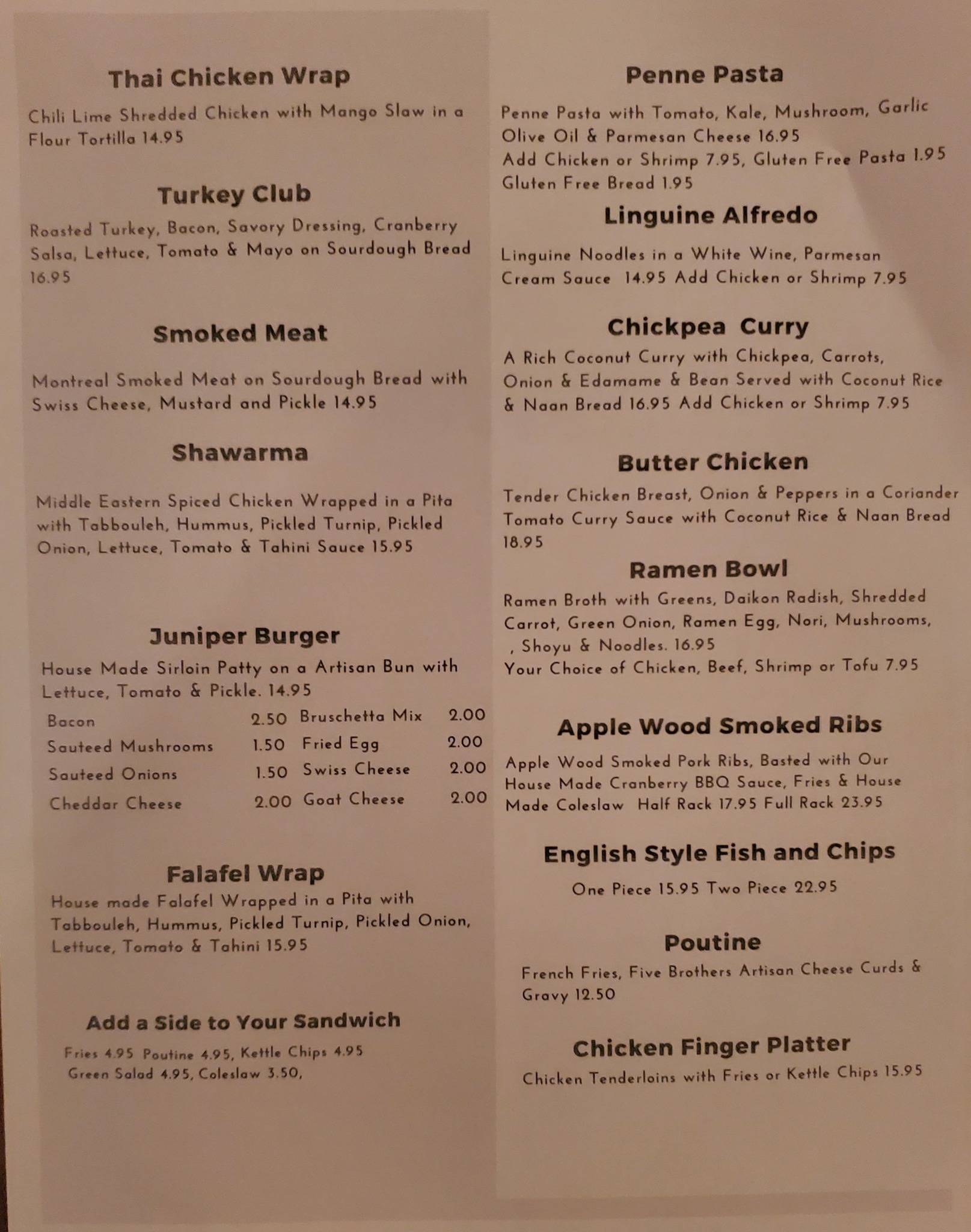 Menu at Juniper Kitchen & Bistro restaurant, Grand Falls-Windsor