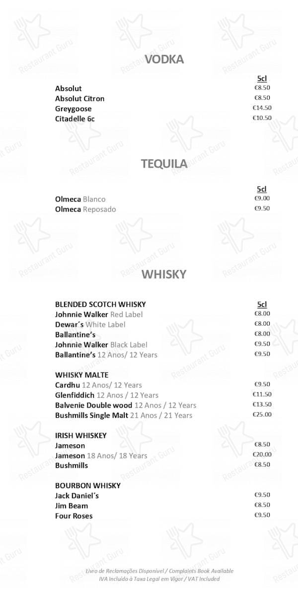 Menu at Jupiter Lisboa Hotel pub & bar, Lisbon