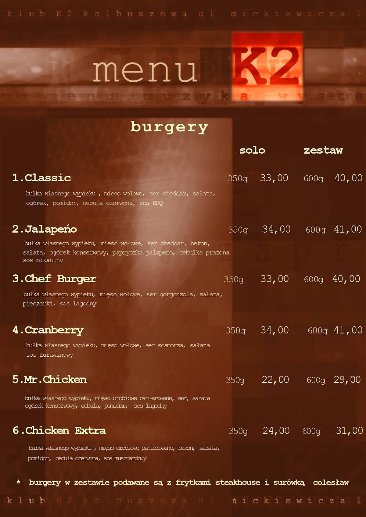 Menu at K2- restauracja, pizzeria, pub, Kolbuszowa