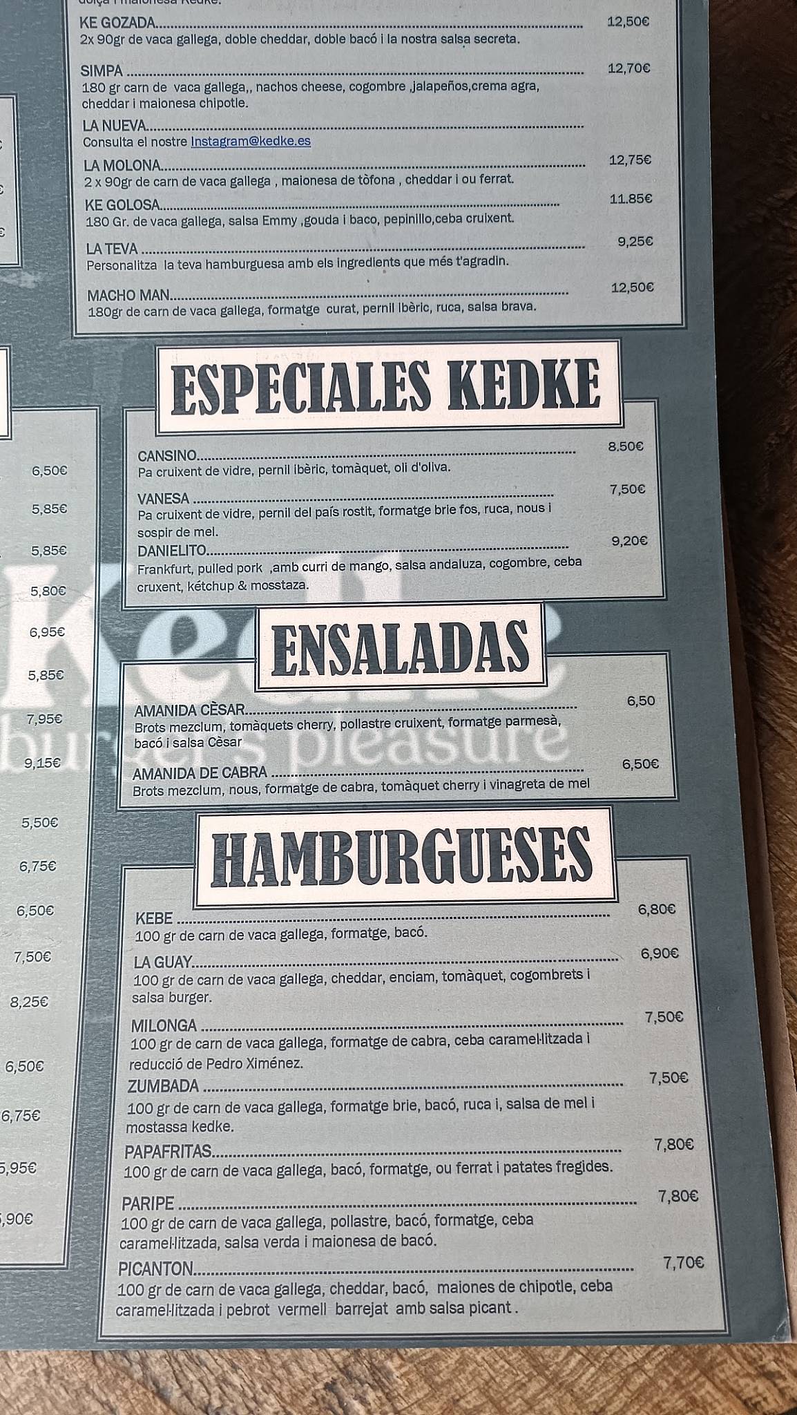 Carta del pub y bar KE d KE, Mataró, Ronda Mossèn Jacint Verdaguer